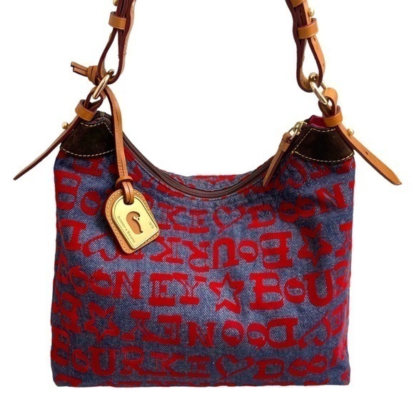 Dooney & Bourke | Bags | Dooney Bourke Denim And Red Script Hobo Bag ...